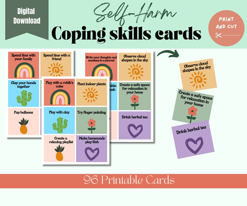 Self Harm Coping Skills Cards for Teens and Adults, Emotional ...