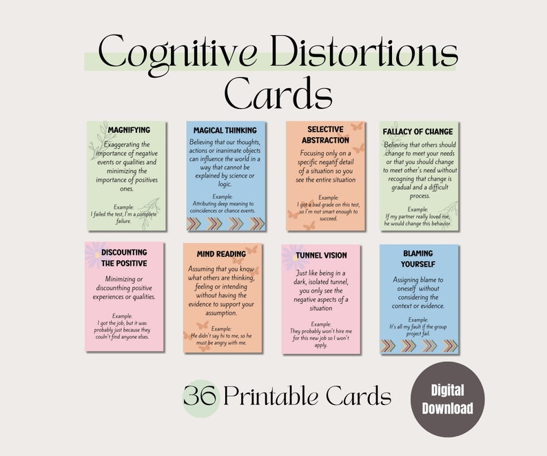 Cognitive Distortions Flash Cards, Challenge Negative Thoughts, Pro ...