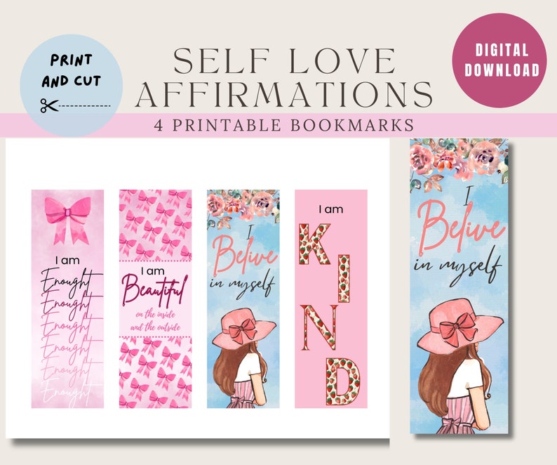 Coquette Printable Pink Bow Bookmarks, Gift for Book Lover, Self Love ...