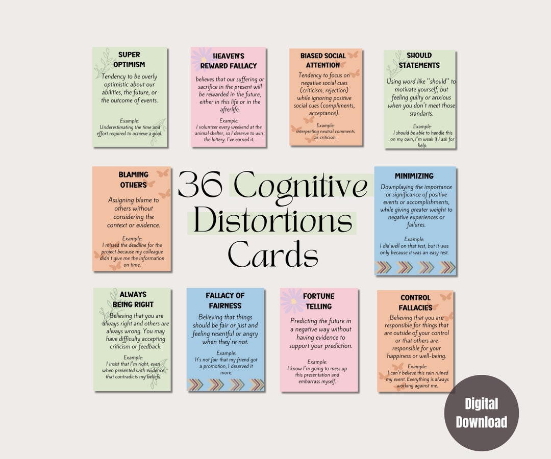 Cognitive Distortions Flash Cards, Challenge Negative Thoughts, Pro ...