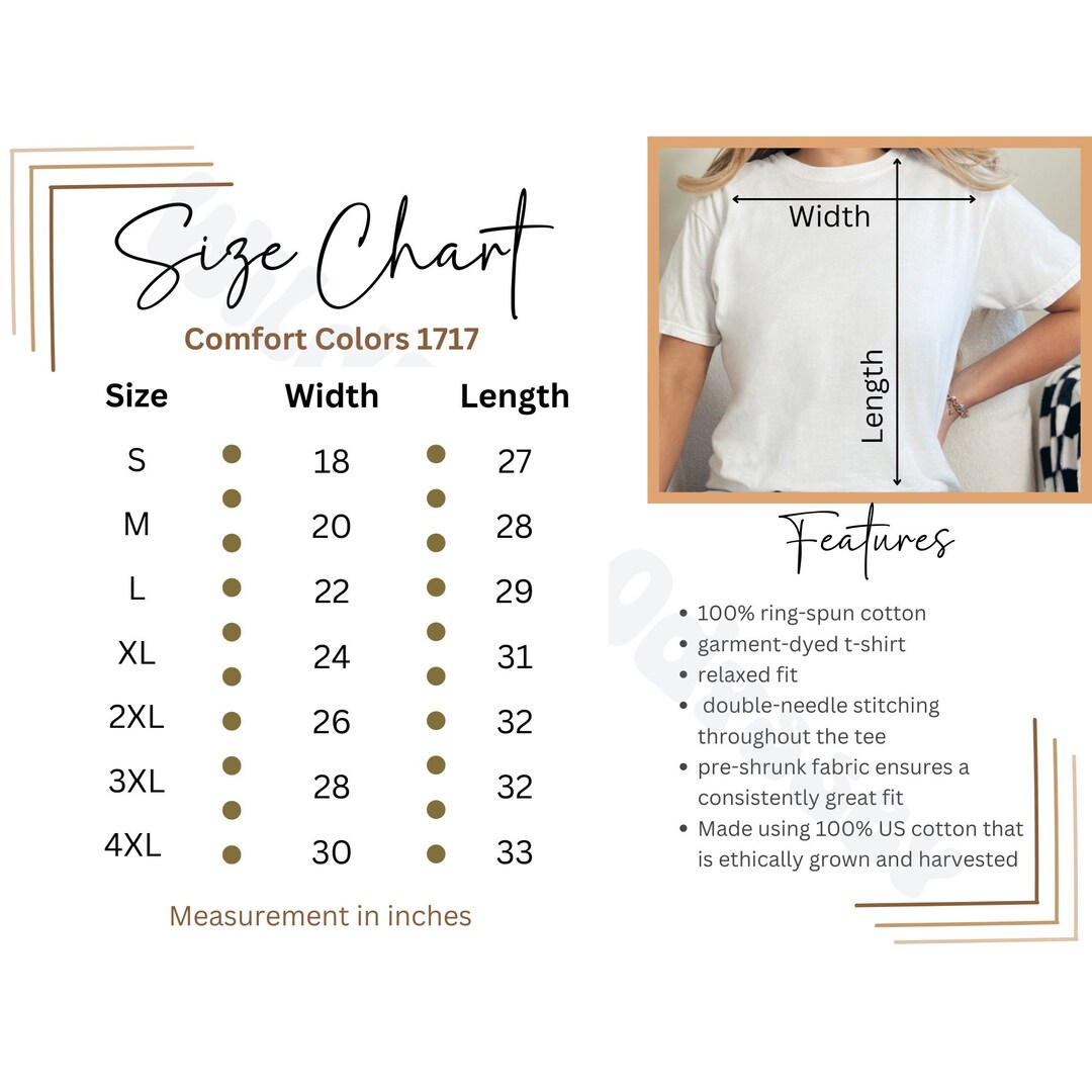 Aesthetic Boho Comfort Colors Size Chart Tee Shirt Size Guide 1717 T ...