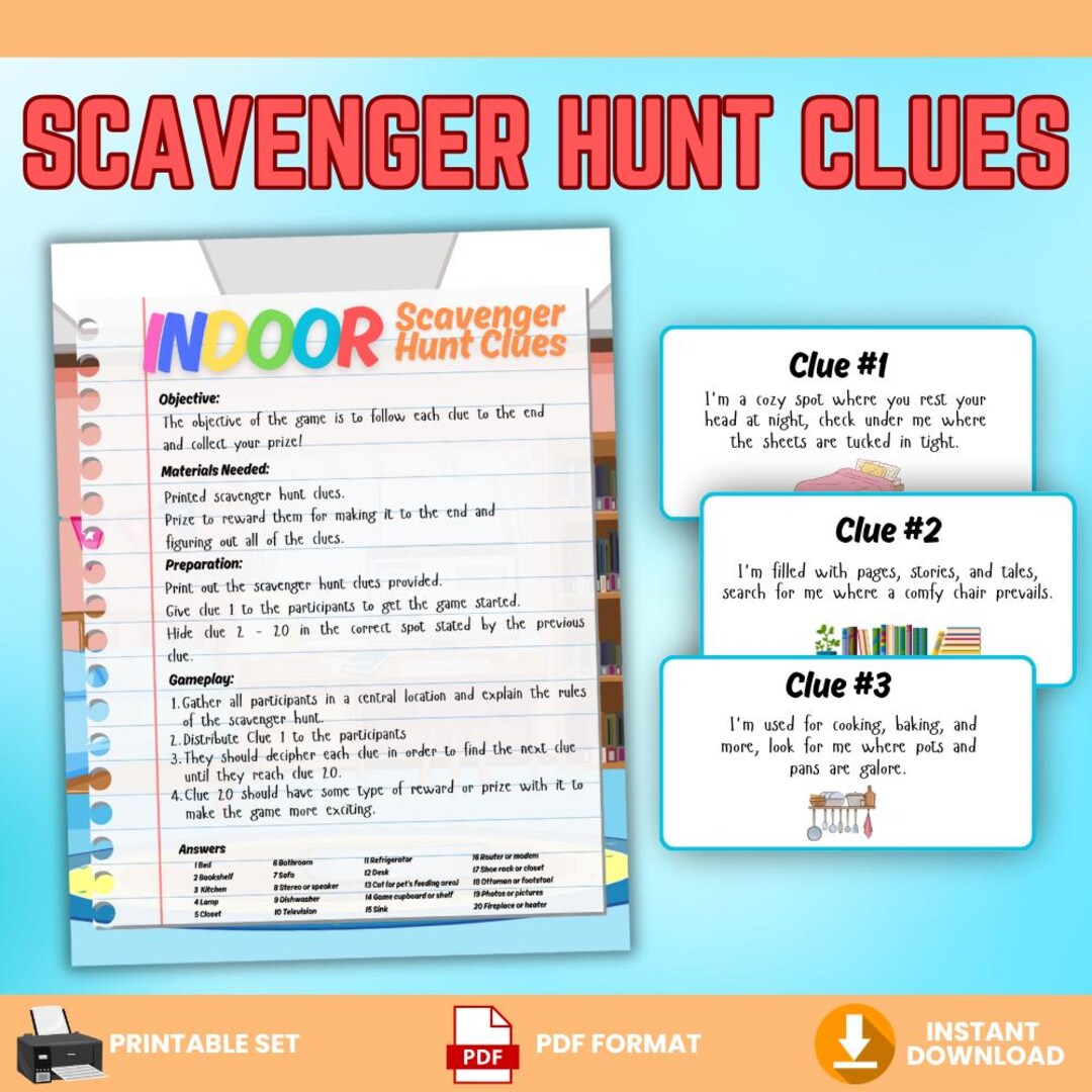 Indoor Scavenger Hunt Clues for Kids Printable Riddles, Rainy Day ...