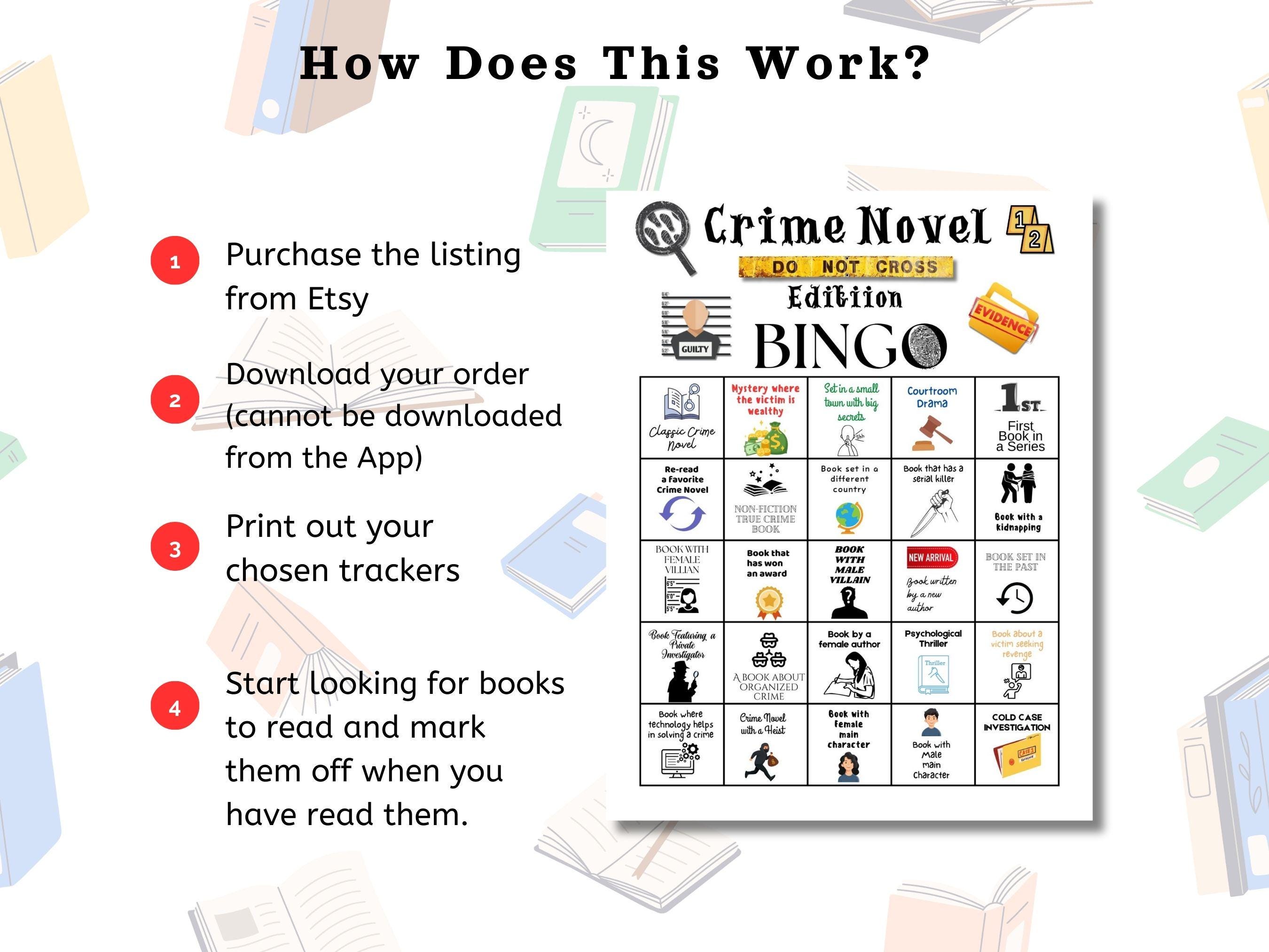 Book Bingo Crime and Mystery Edition, Reading Challenge Game, Book Club ...