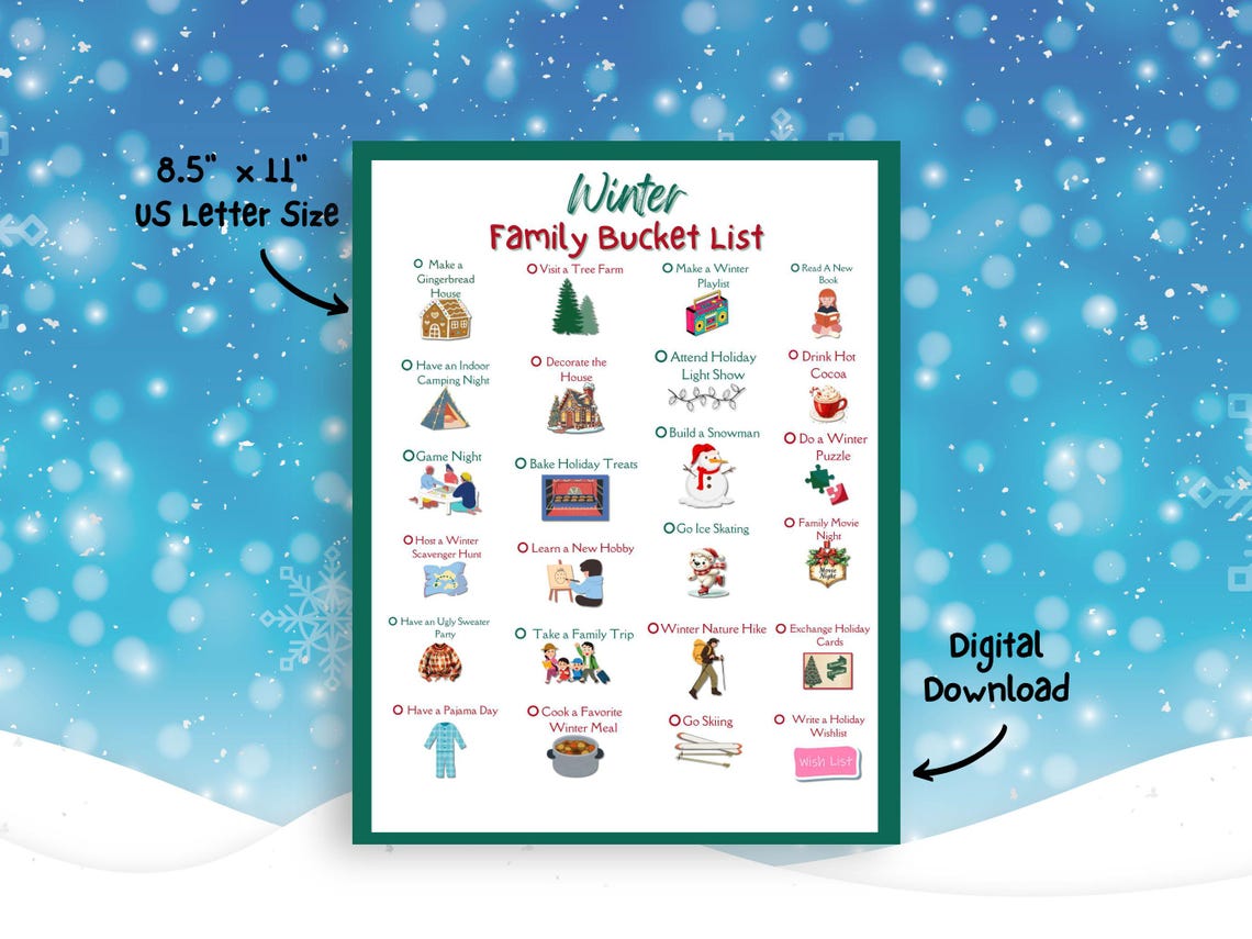 Winter Family Bucket List, Printable Christmas Activity, Christmas to ...
