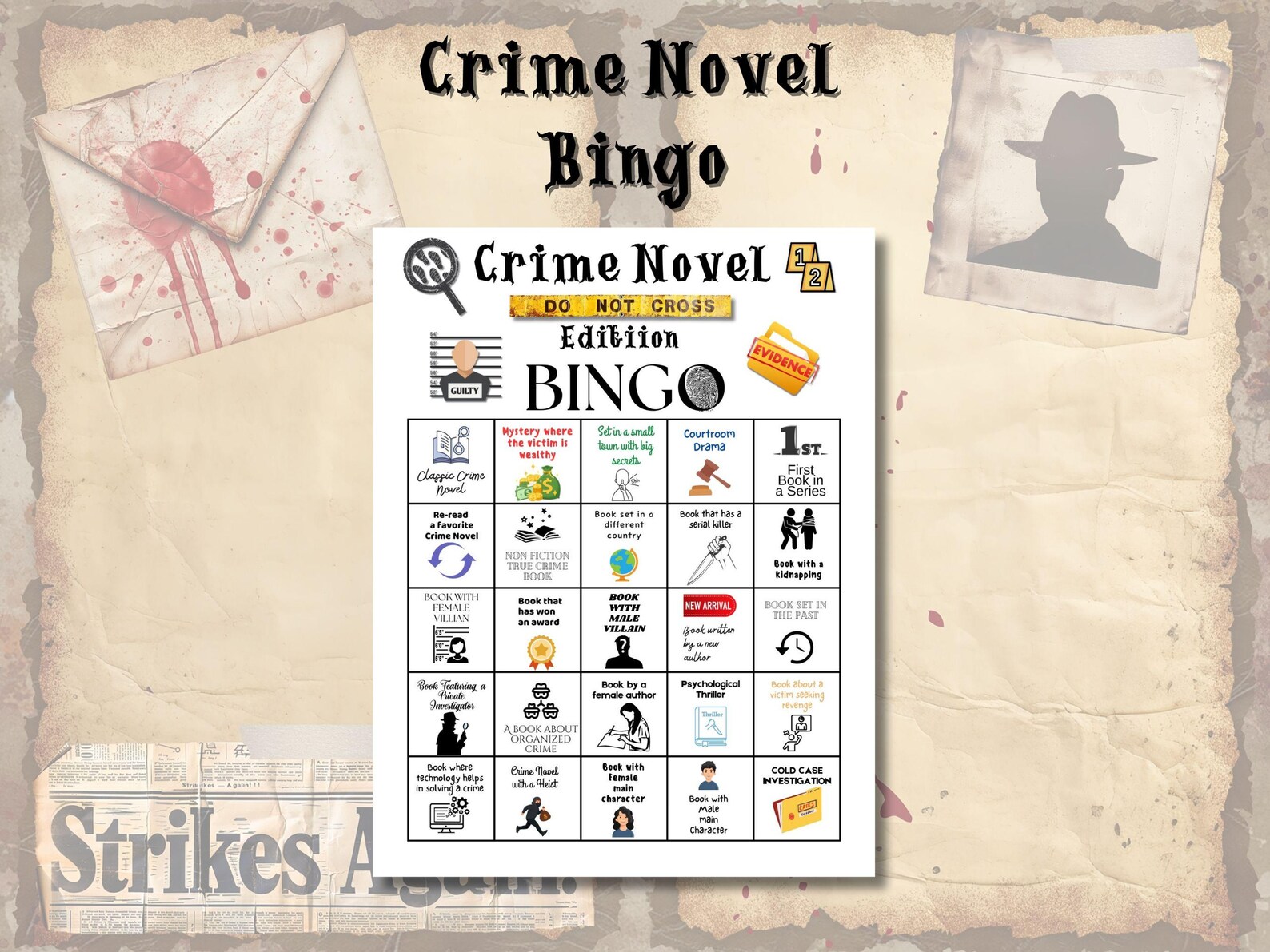 Book Bingo Crime and Mystery Edition, Reading Challenge Game, Book Club ...