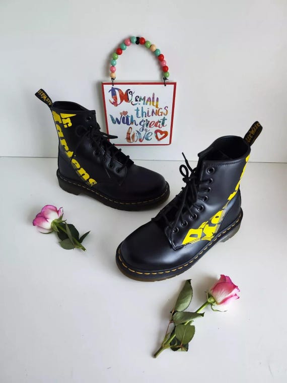 Dr Martens 1460 8 Hole Black Logo Brand Boots Black Yellow Dr Martens 1460 8 Hole Black Logo Brand Boots Black Yellow