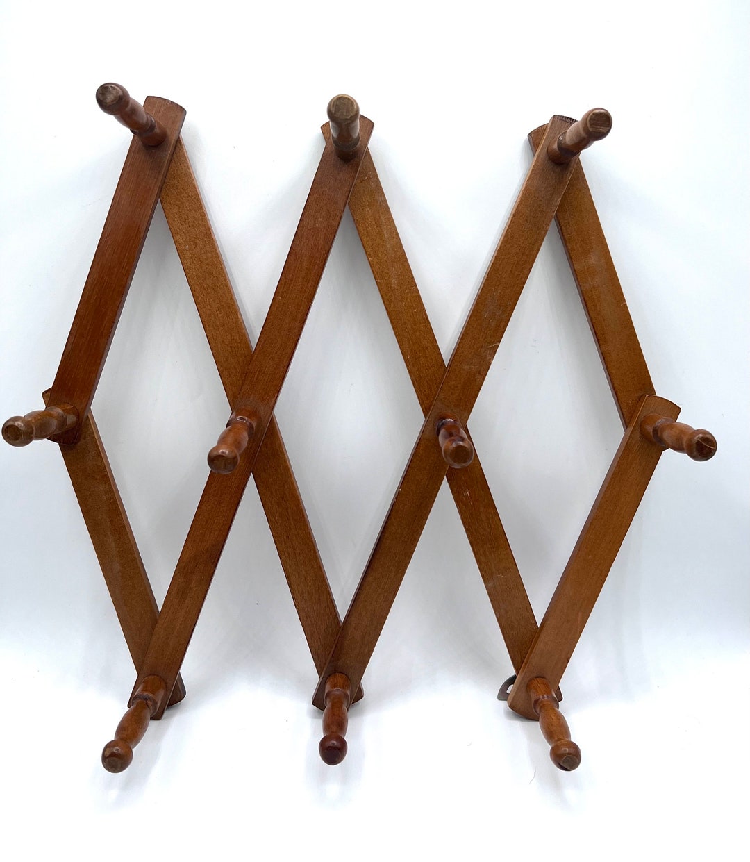 Vintage Medium Brown Wooden Accordion Expandable 10 Dark Peg Mug Coat ...