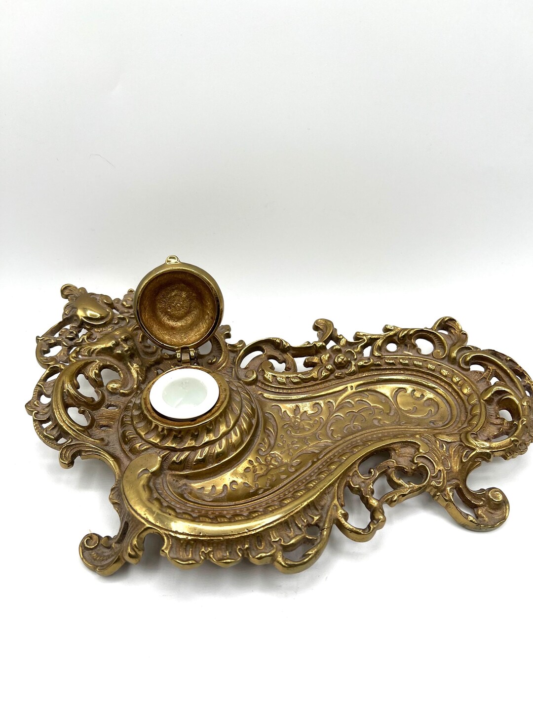 Vintage Large Brass Ornate Victorian Inkwell With Porcelain Insert - Etsy