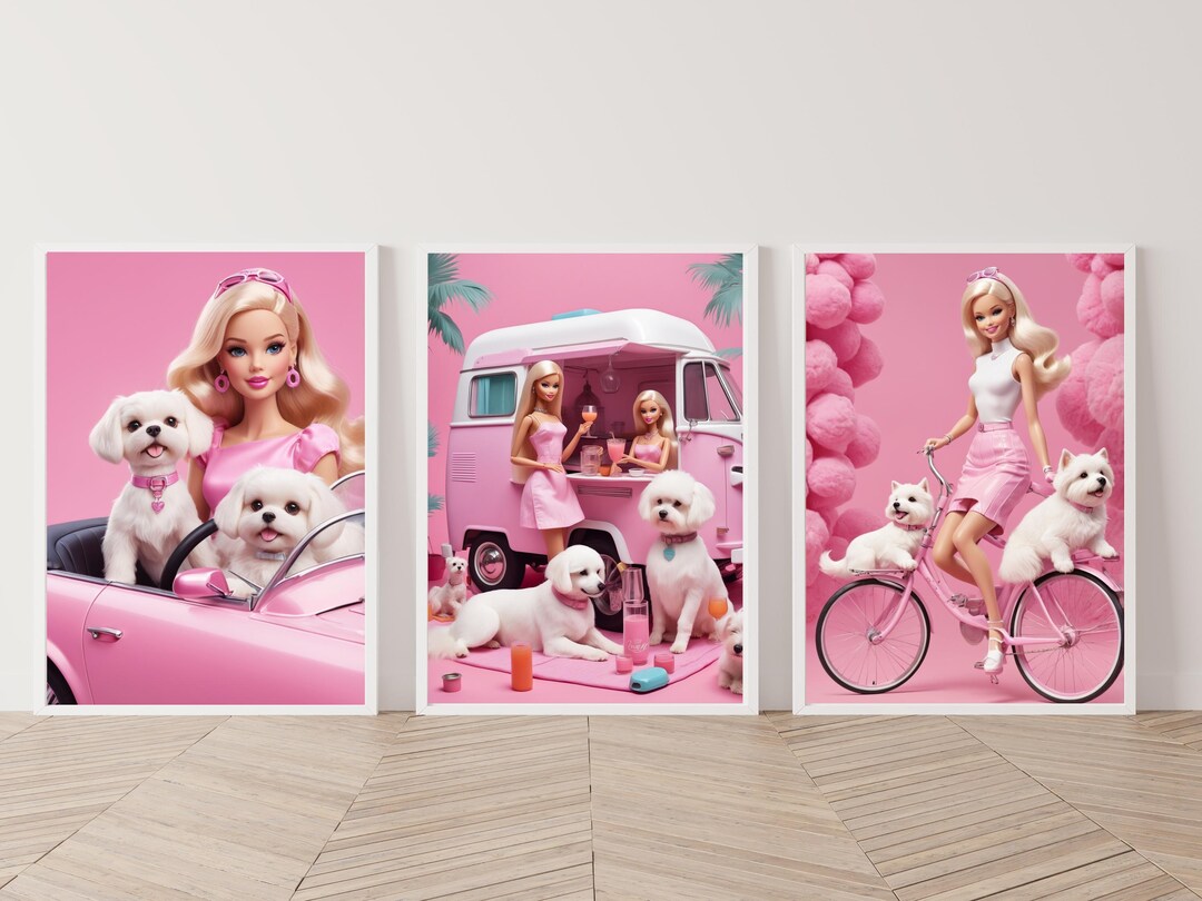 Barb Doll Print Set Pink Dorm Room Decor Barb Wall Art Fluffy White Dog ...