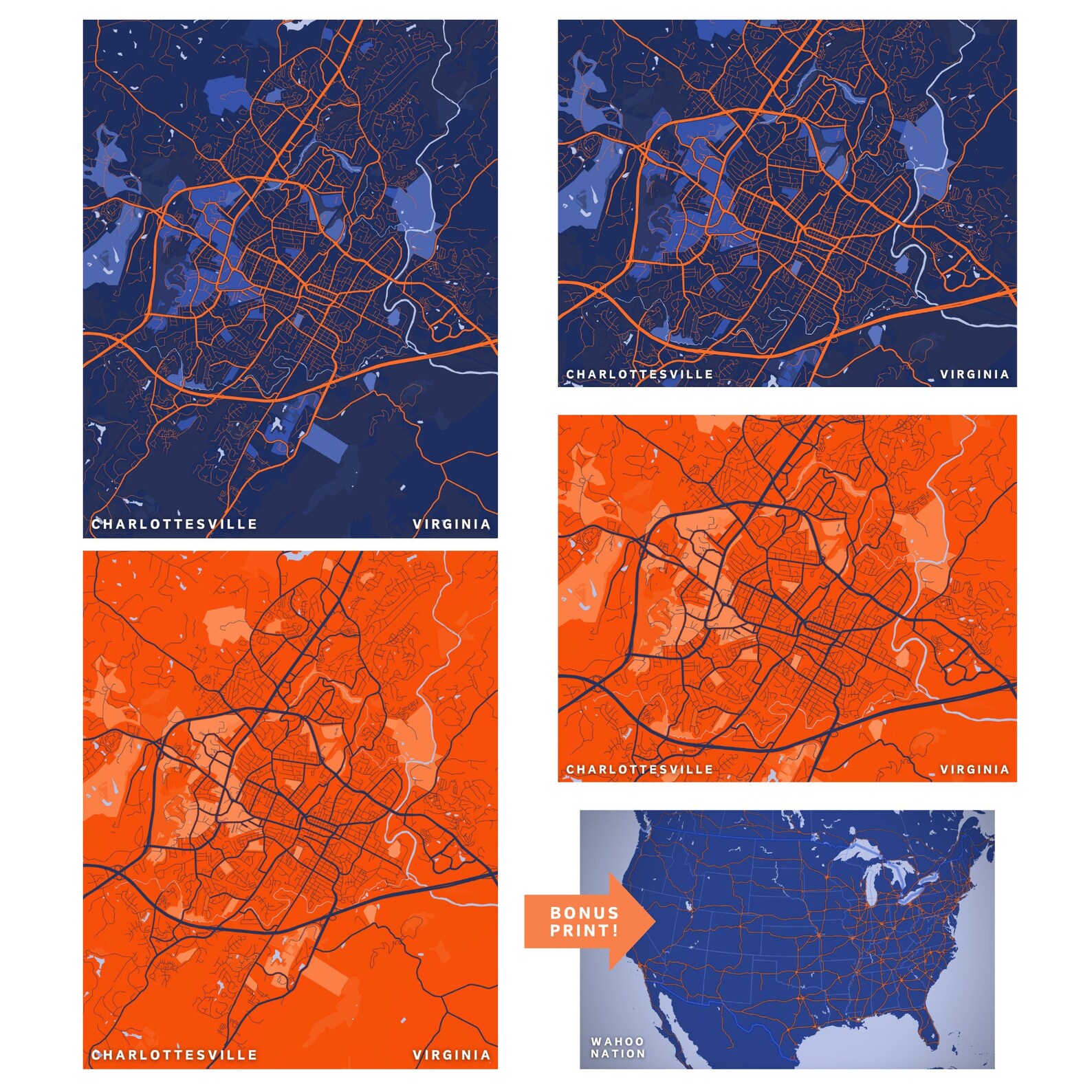 UVA Charlottesville Map Prints | Set of University of Virginia Map ...