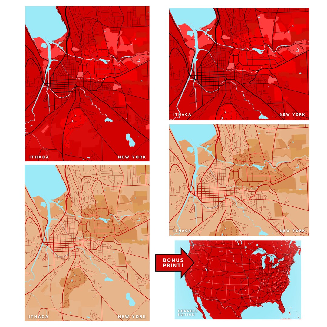 Cornell University Map Prints Red and Brown 4 Cornell, Ithaca NY Map ...