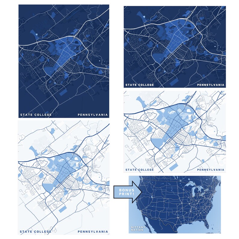Penn State Map Prints | 4 State College Pennsylvania Map Posters | Penn ...