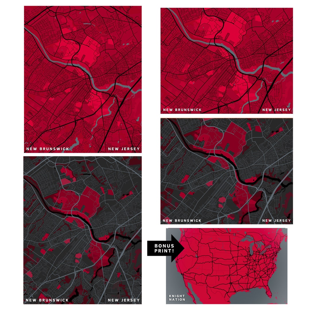 Rutgers Map Prints 4 New Brunswick Map Posters New Brunswick NJ Road ...