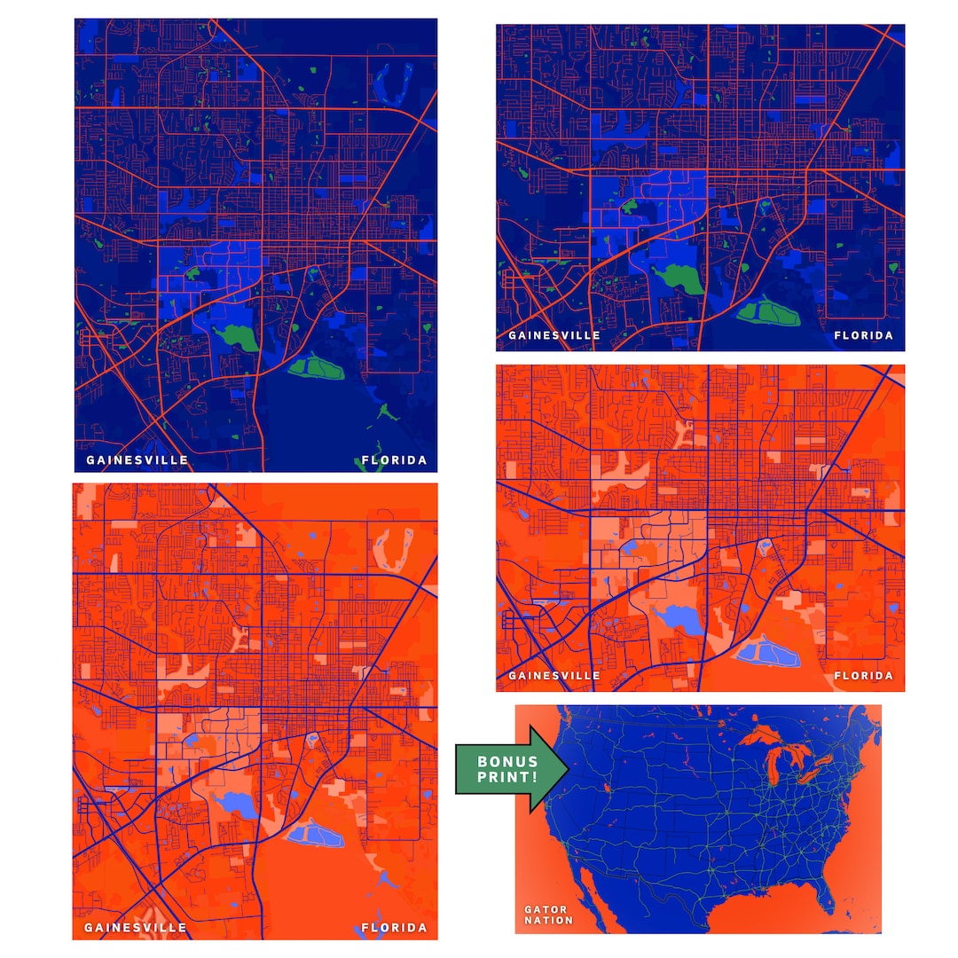 UF Gainesville Map Prints Blue and Orange 4 University of Florida Map ...