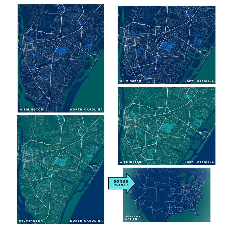 Wilmington NC Map Prints | 4 UNCW Map Posters | Wilmington North ...