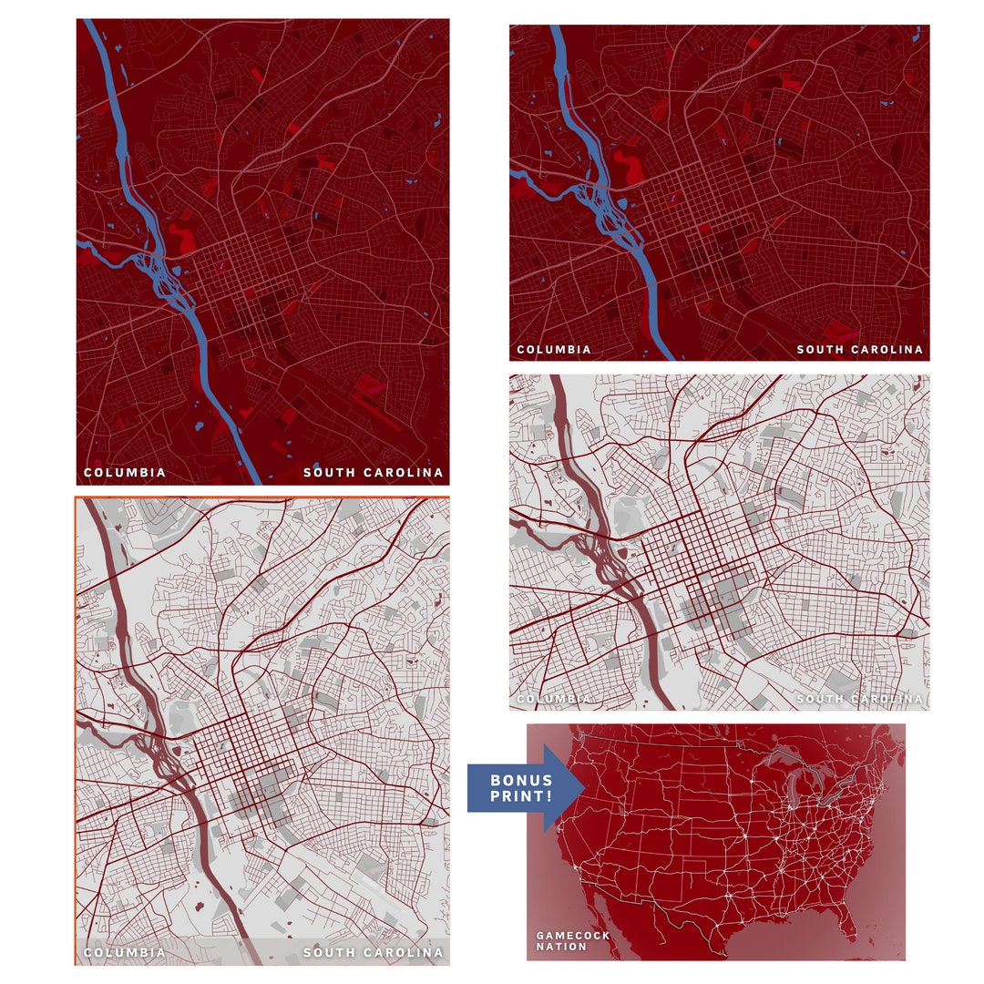 Uofsc Columbia Map Prints | 4 University of South Carolina Map Posters ...