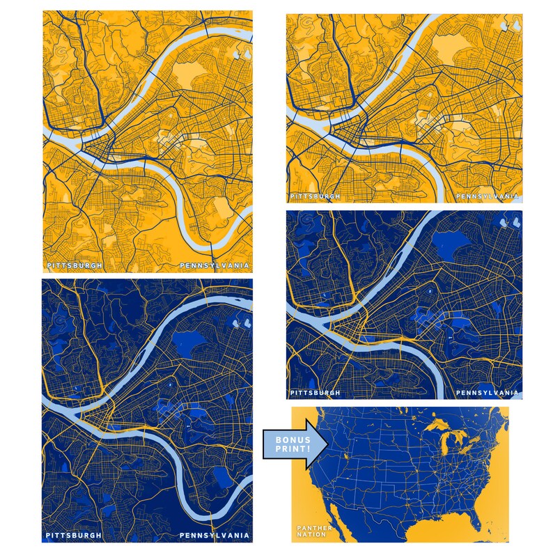 PITT Map Prints | 4 Pittsburgh Pennsylvania Map Posters | University of ...