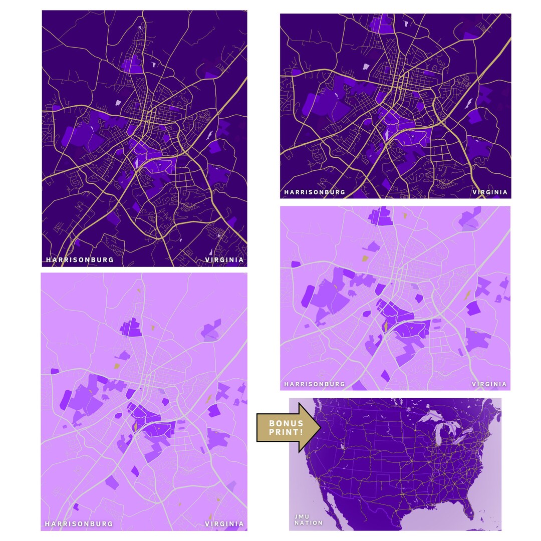 Harrisonburg Map Prints | 4 James Madison University Map Posters ...