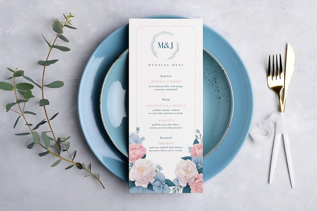 Editable Menu Template, Dusty Blue & Pink Menu, DIY Floral Wedding Menu ...