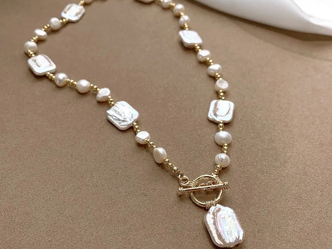 14K Gold Filled Square Baroque Freshwater Pearl Necklace for Women High ...