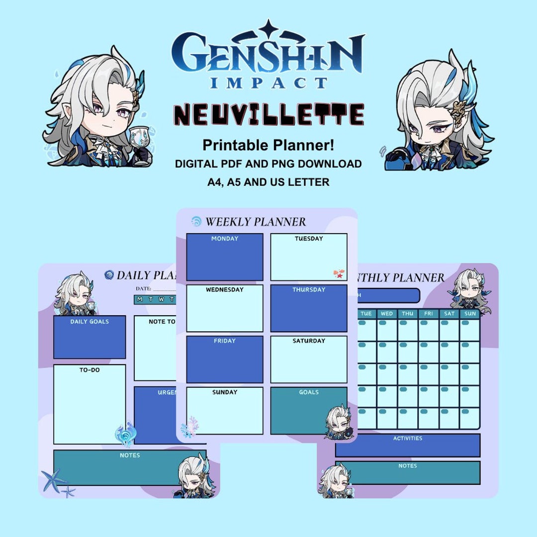 Genshin Impact Chibi Neuvillette Printable Daily Weekly Monthly Planner ...