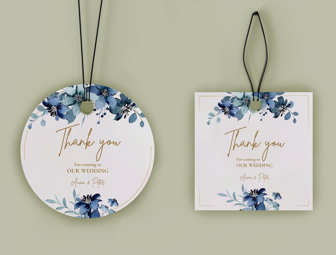 Thank You Tags Template. Blue and Gold Flowery Tags in Sqare and Round ...
