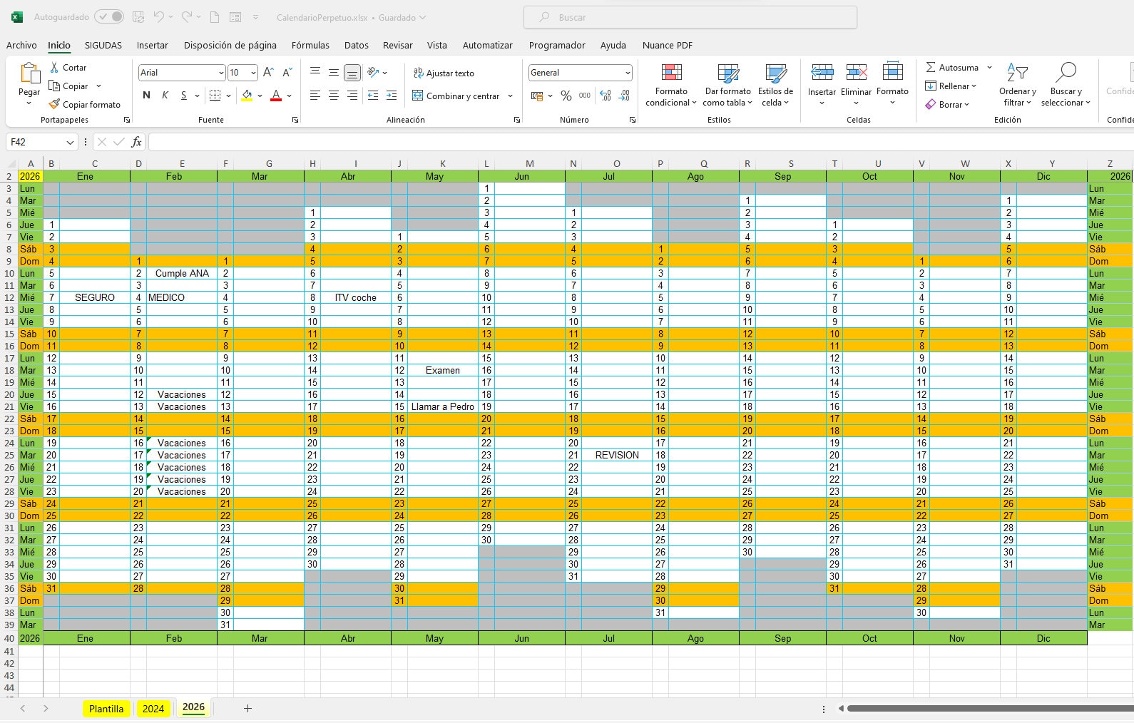 Excel Template Perpetual Calendar Annual Planner 2024 2025 2026 2027 ...