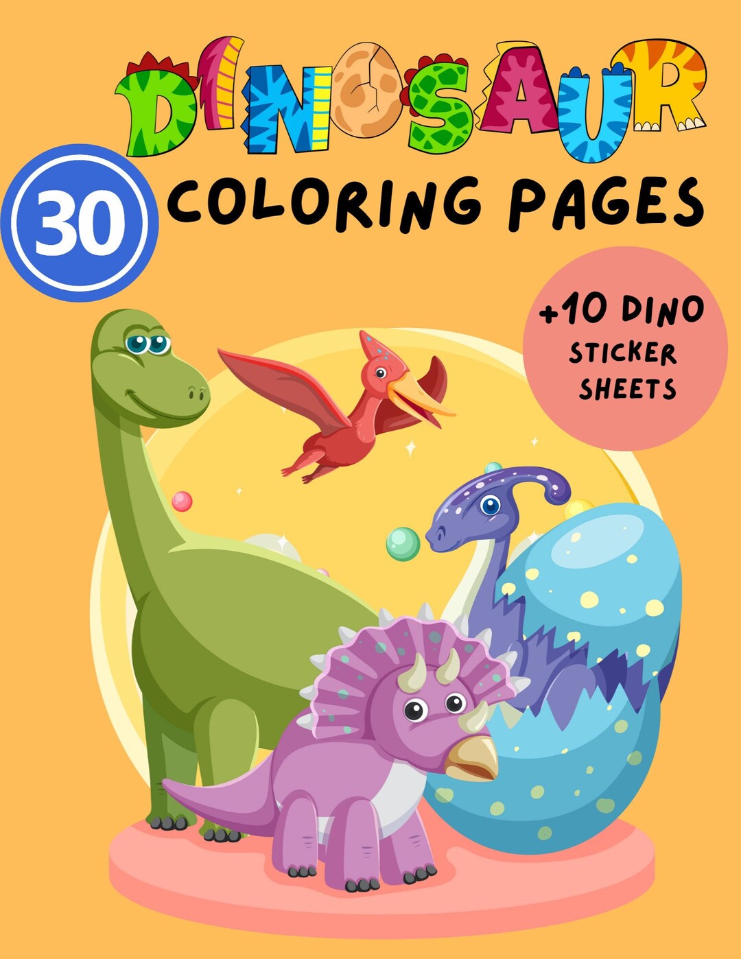 30 Printable Dinosaur Coloring Pages and 10 Sticker Sheets for Kids ...