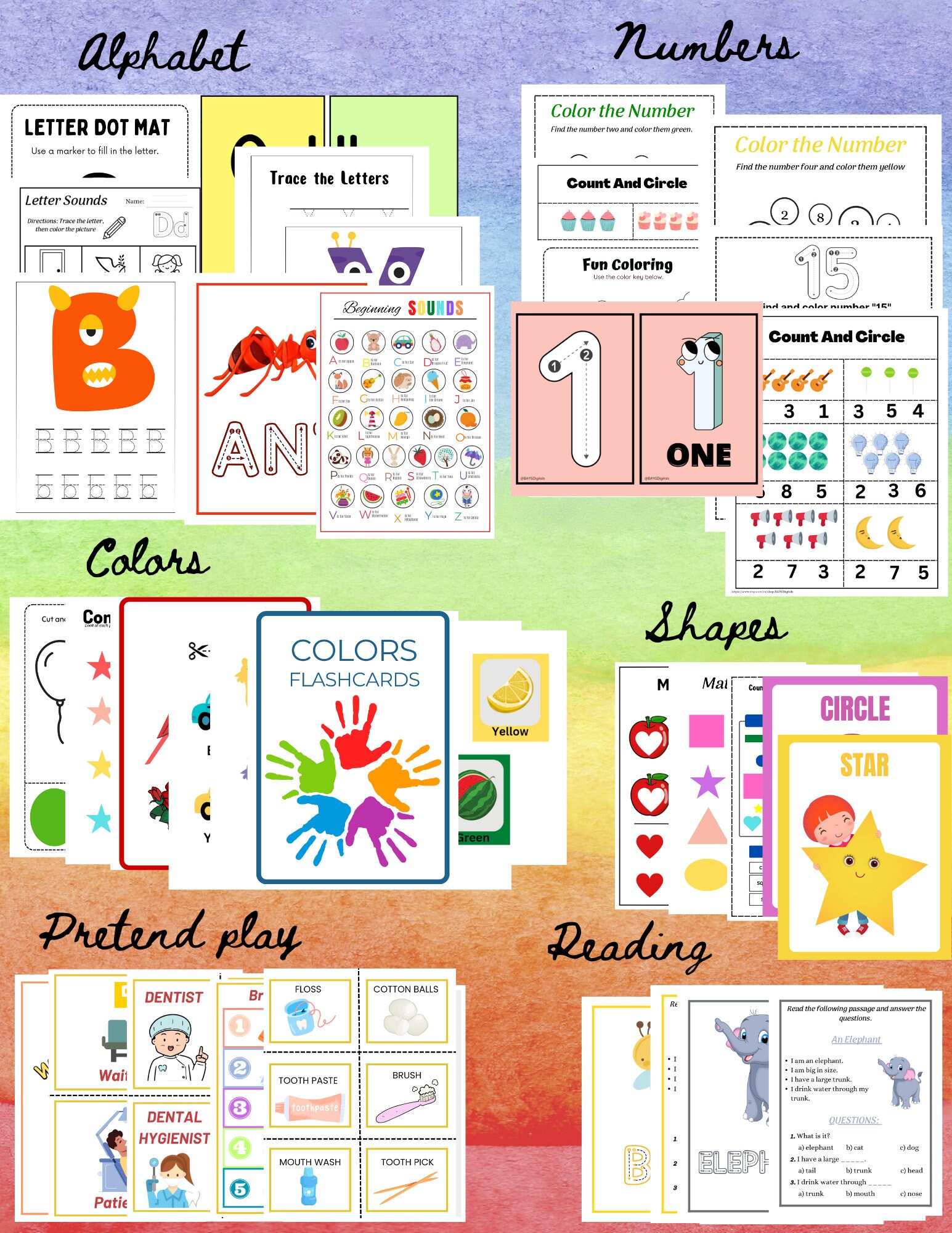 Preschool + Kindergarten Bundle, Kids Activity Worksheets. Alphabet ...