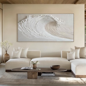 Large Abstract Textured Beige Ocean Wall Art, White Ocean Waves ...