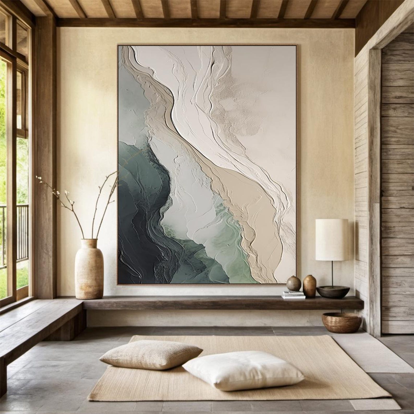 Green Abstract Texture, Grey Ocean Wall Art, Original Beige Beach ...