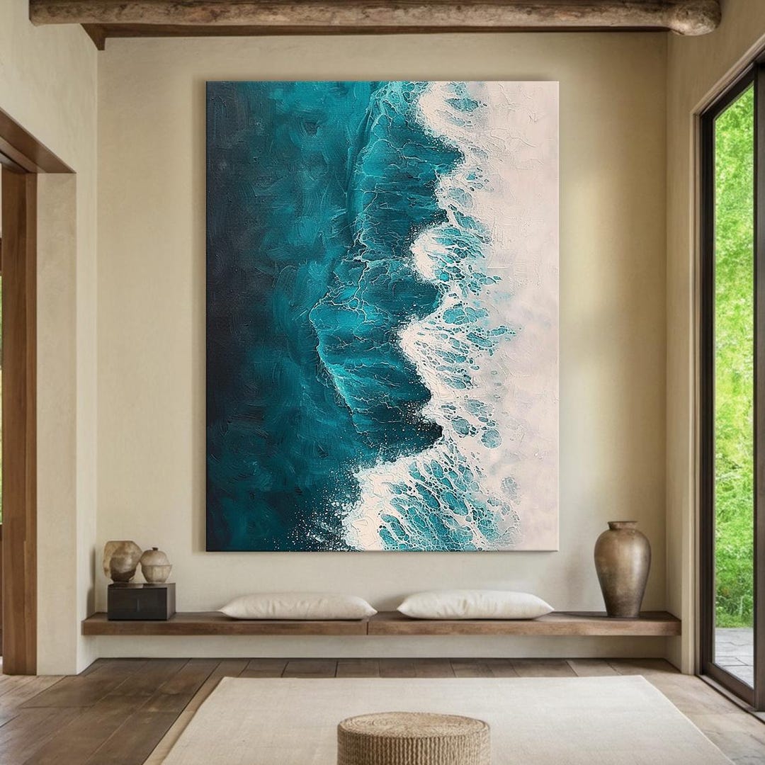 Blue Ocean Waves Abstract Landscape Painting, White Ocean Waves Texture ...