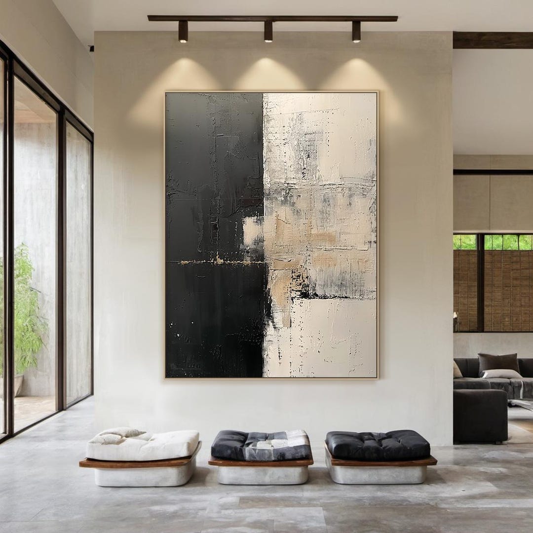 Large Black Abstract Oil Painting Decorative Painting, Beige Simple ...