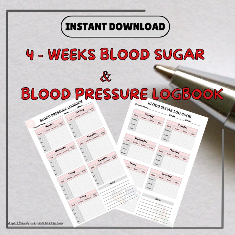 Printable Blood Sugar & Blood Pressure Logbook | PDF Blood Sugar and Blood Pressure Tracker ...