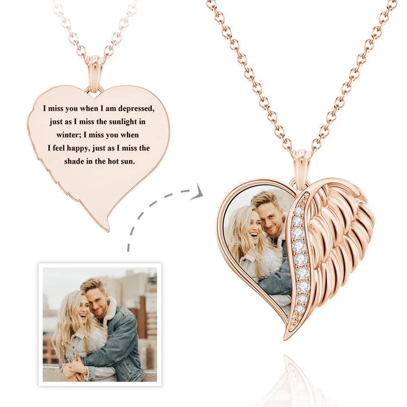 Custom Photo Engraved Necklace, Angel Wings Necklace, Keepsake Necklace ...