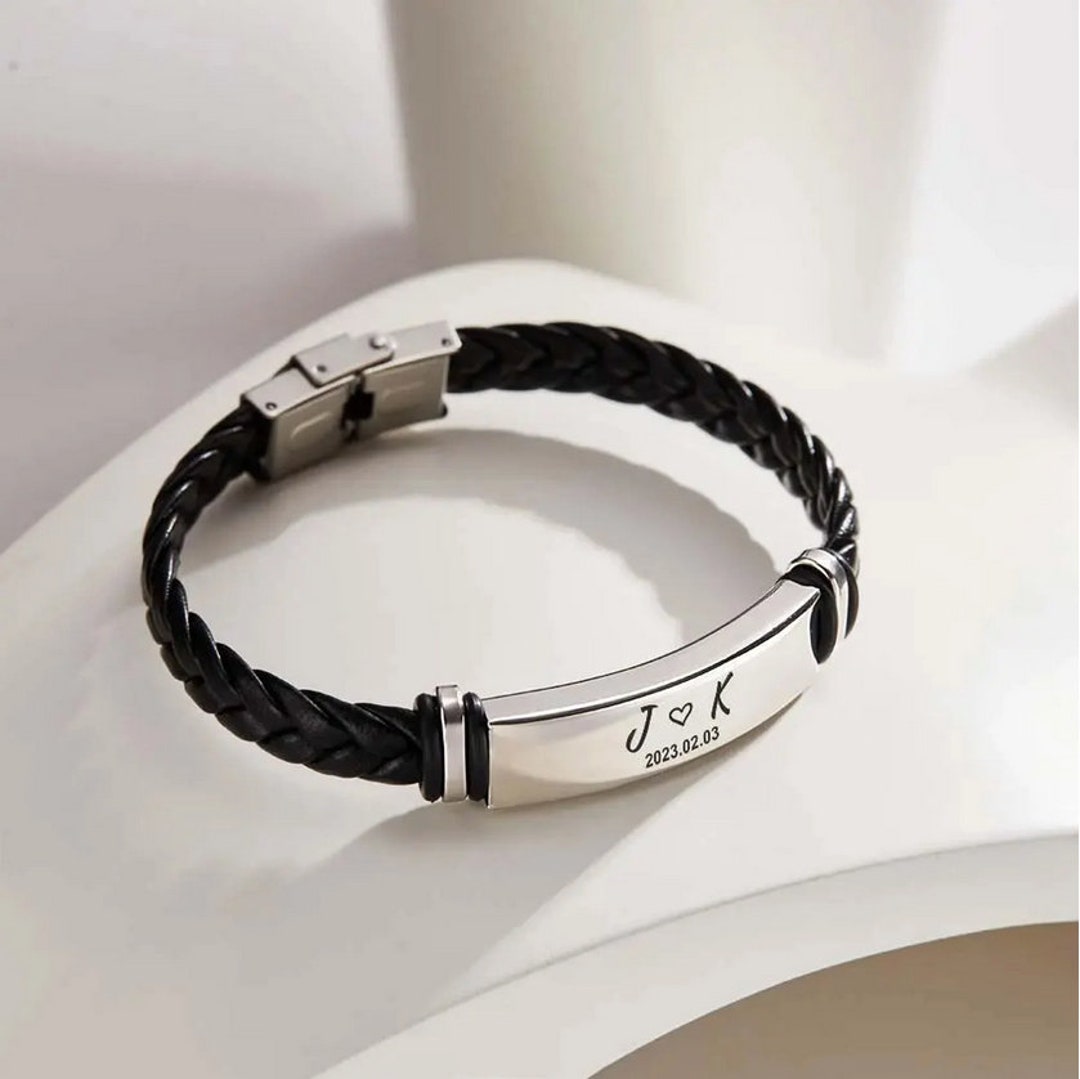 Engraved Initial Bracelet, Custom Men's Name Bracelet, Stainless Steel ...