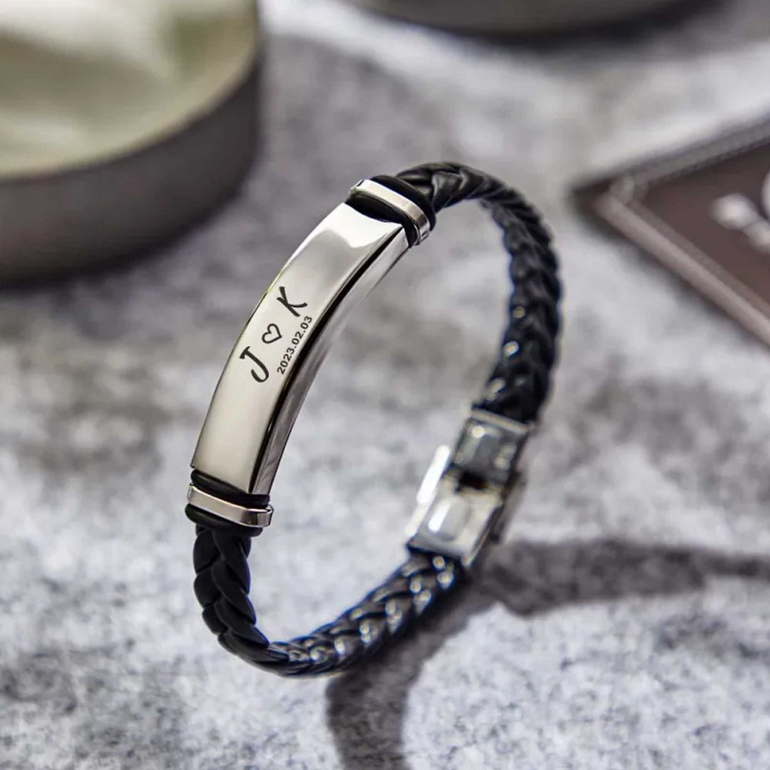 Engraved Initial Bracelet, Custom Men's Name Bracelet, Stainless Steel ...