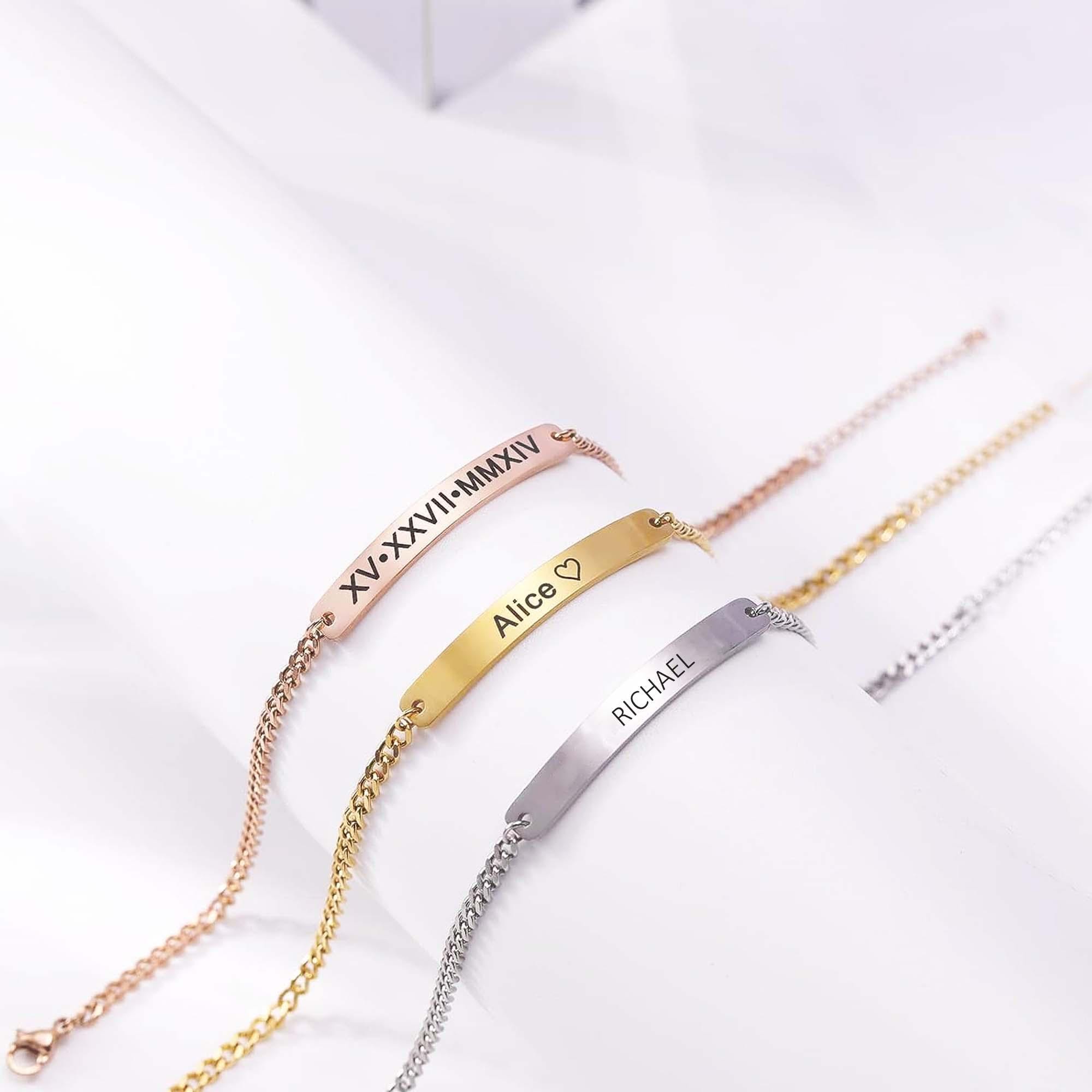 Custom Nameplate Gold Bar Bracelet, Engraved Silver Bar Bracelet ...