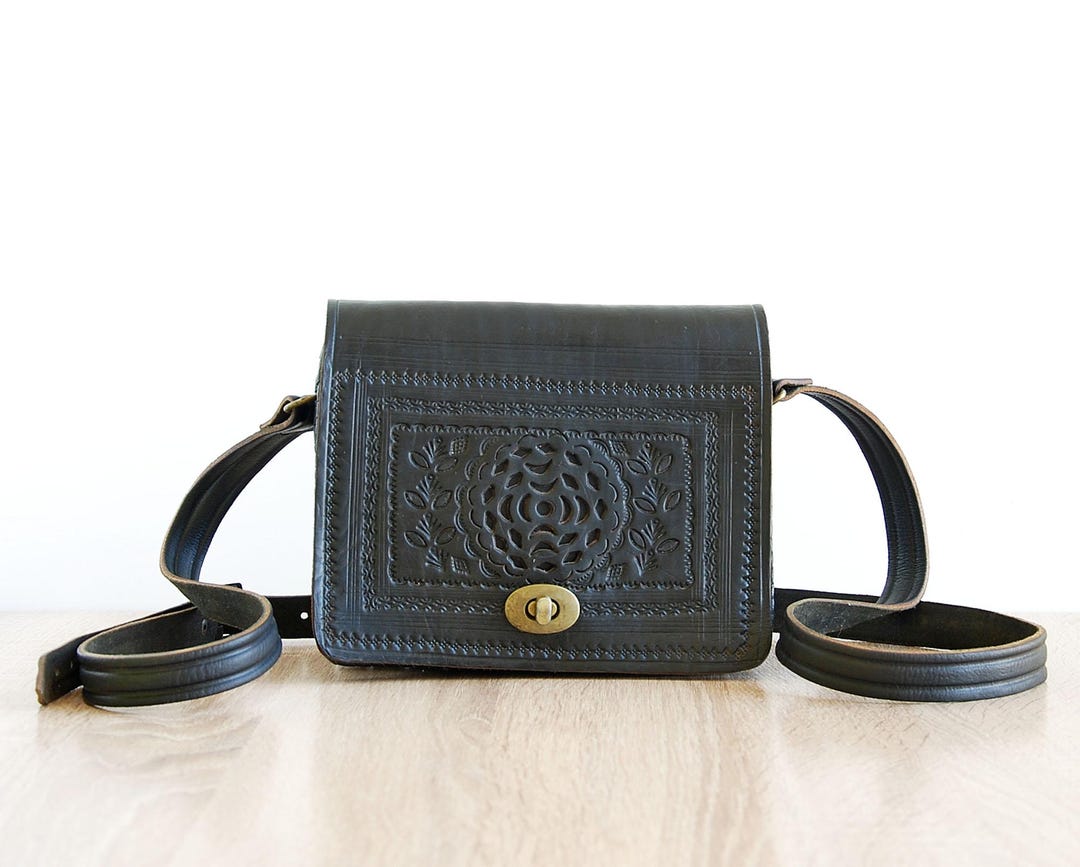 Tooled Leather Bag Black Woman Handbag Crafted Vintage Bag Crossbody ...