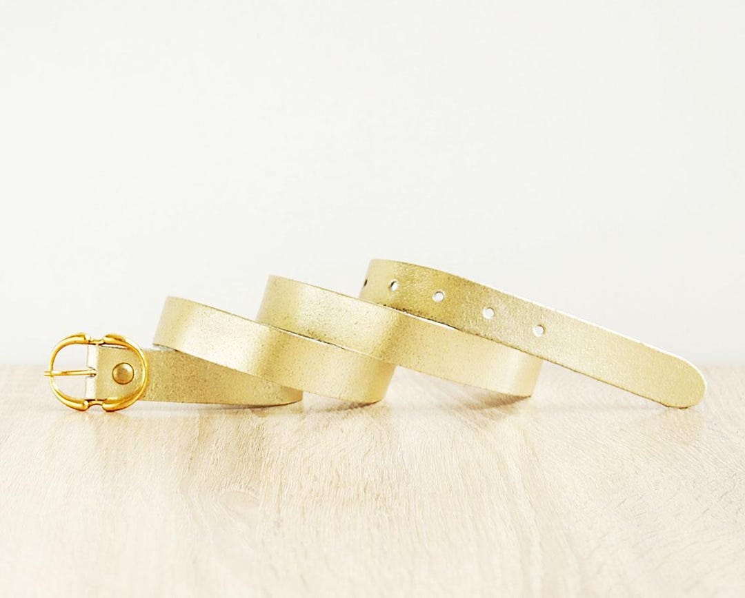 Gold Leather Belt Girl Narrow Belt Golden Leather Belt Vintage Leather ...