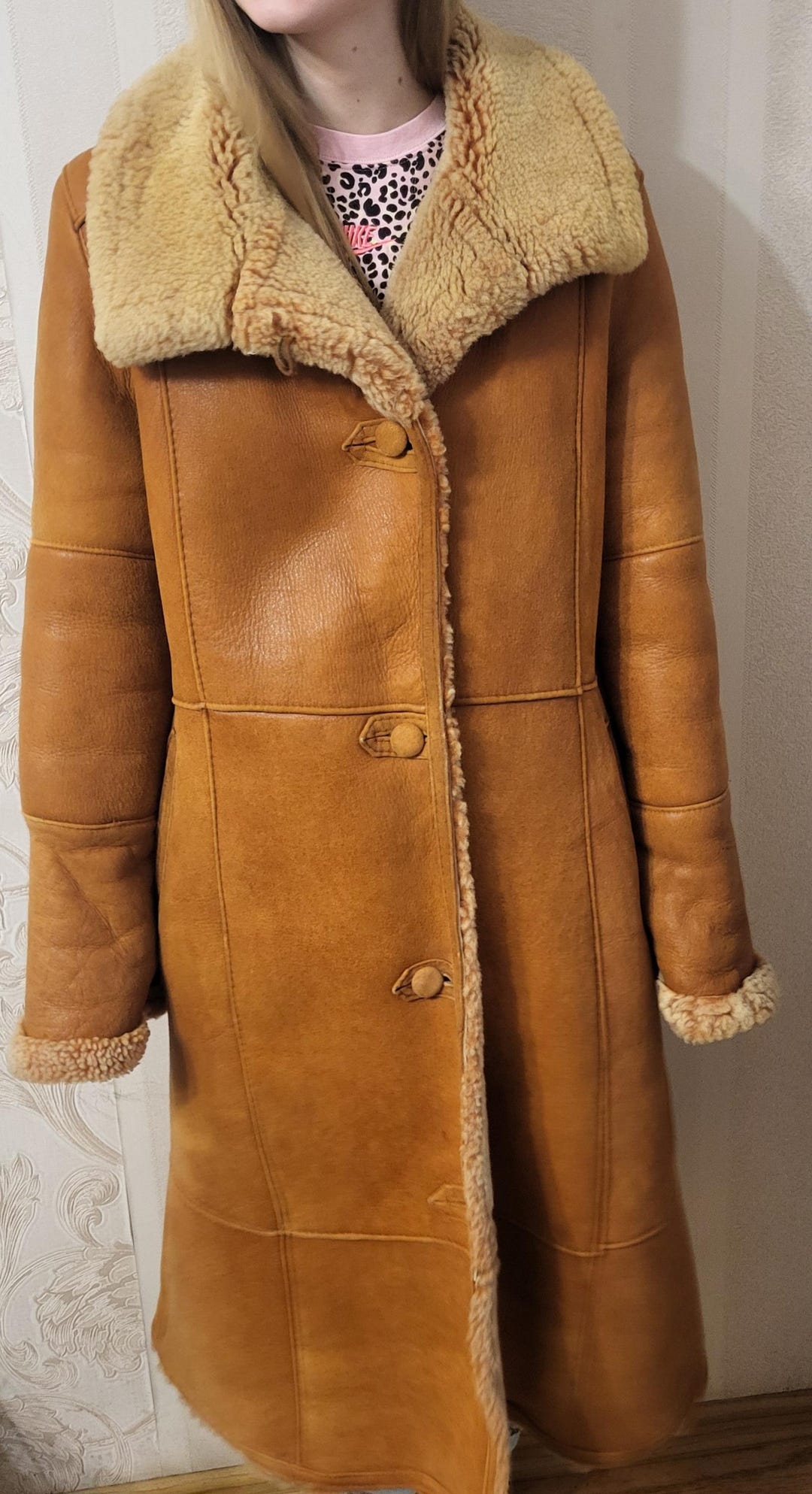 Vintage Sheepskin Shearling Coat Full Length L 100% Real Natural ...
