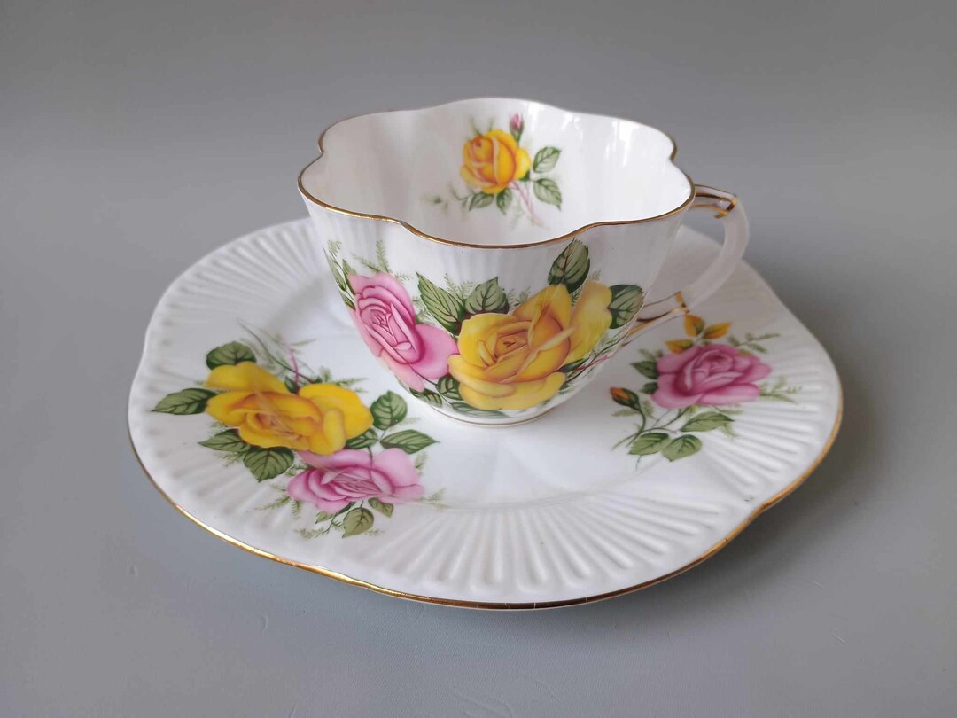 Shelley Shelley Yellow Pink Roses - Tea Cup and Cake Plate - Fine Bone ...