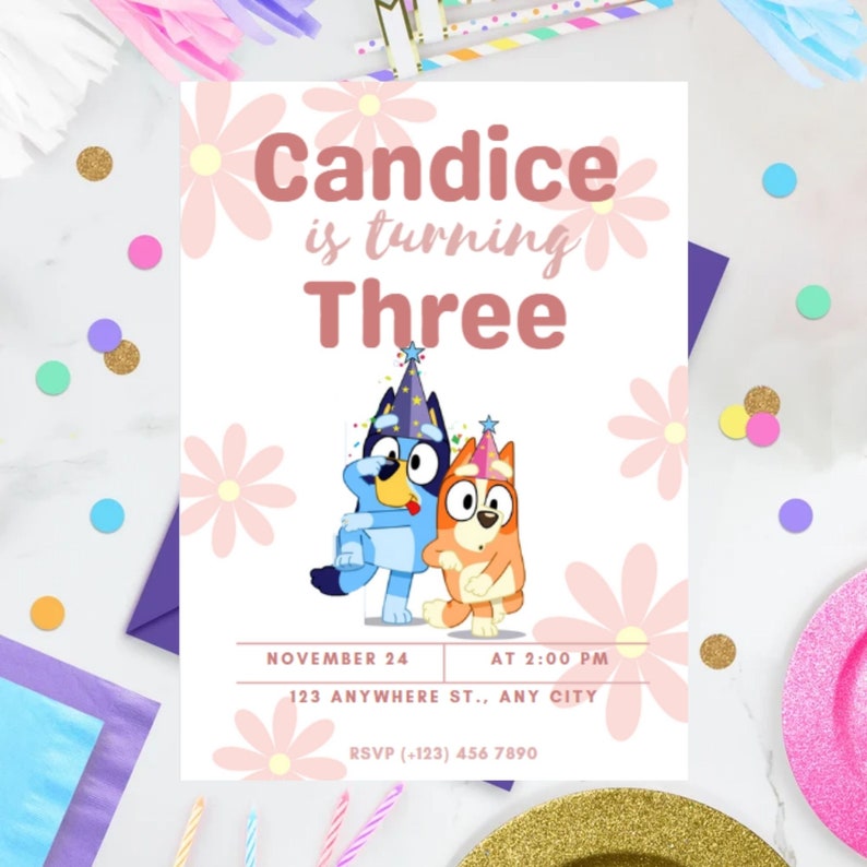Floral Bluey Invitation, Editable Bluey Birthday Invitation, Party ...