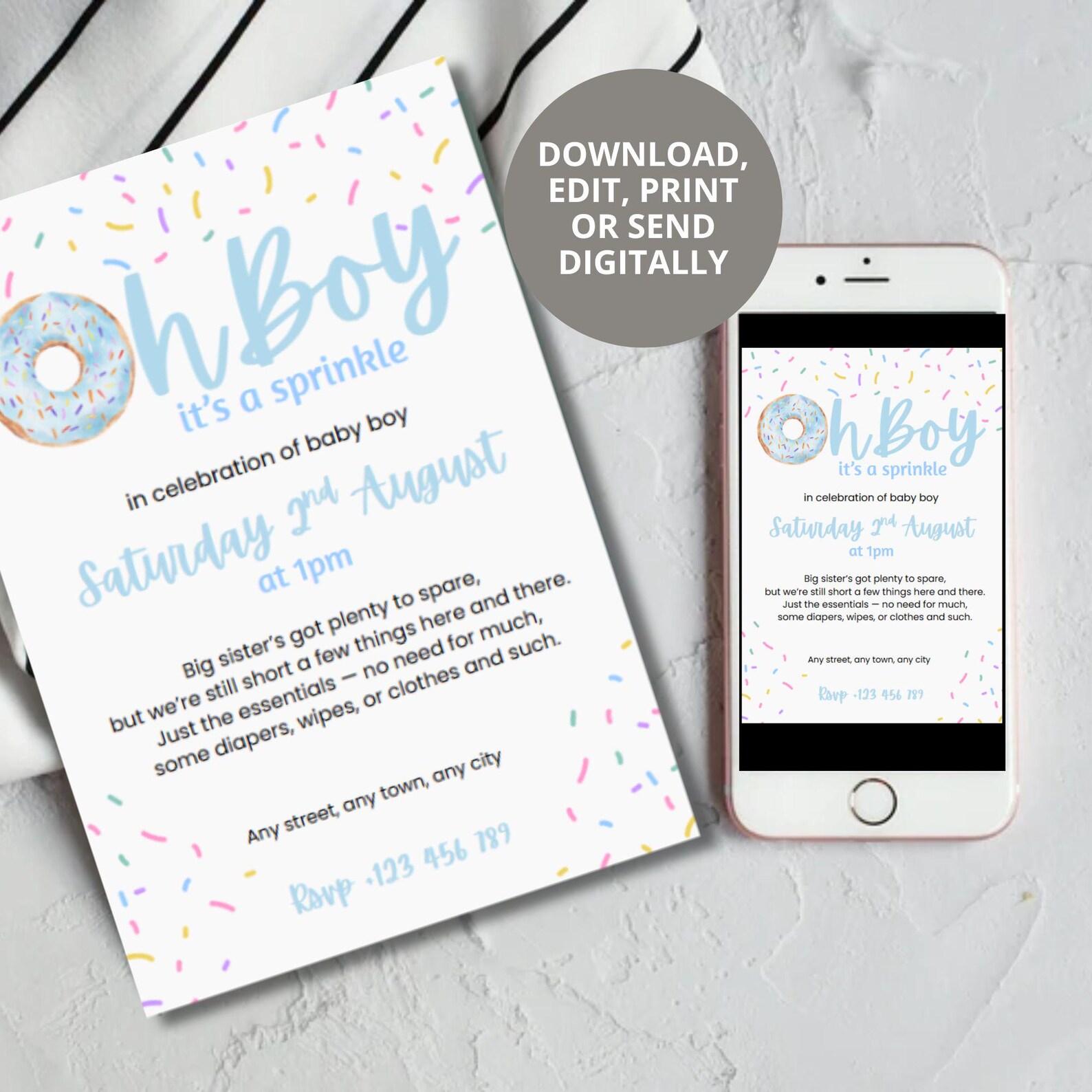 Blue Sprinkle Baby Shower Bundle, Donut, Editable Canva Template ...