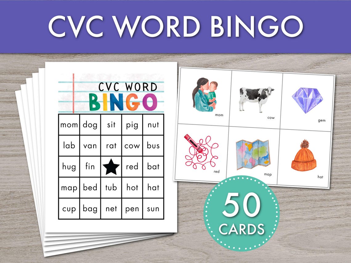 CVC Words Bingo Game: Kids Phonics, 50 Watercolor Cards (digital ...