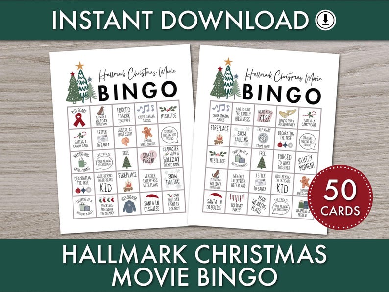 Hallmark Christmas Movie Bingo Game: 50 Printable Cards (digital ...