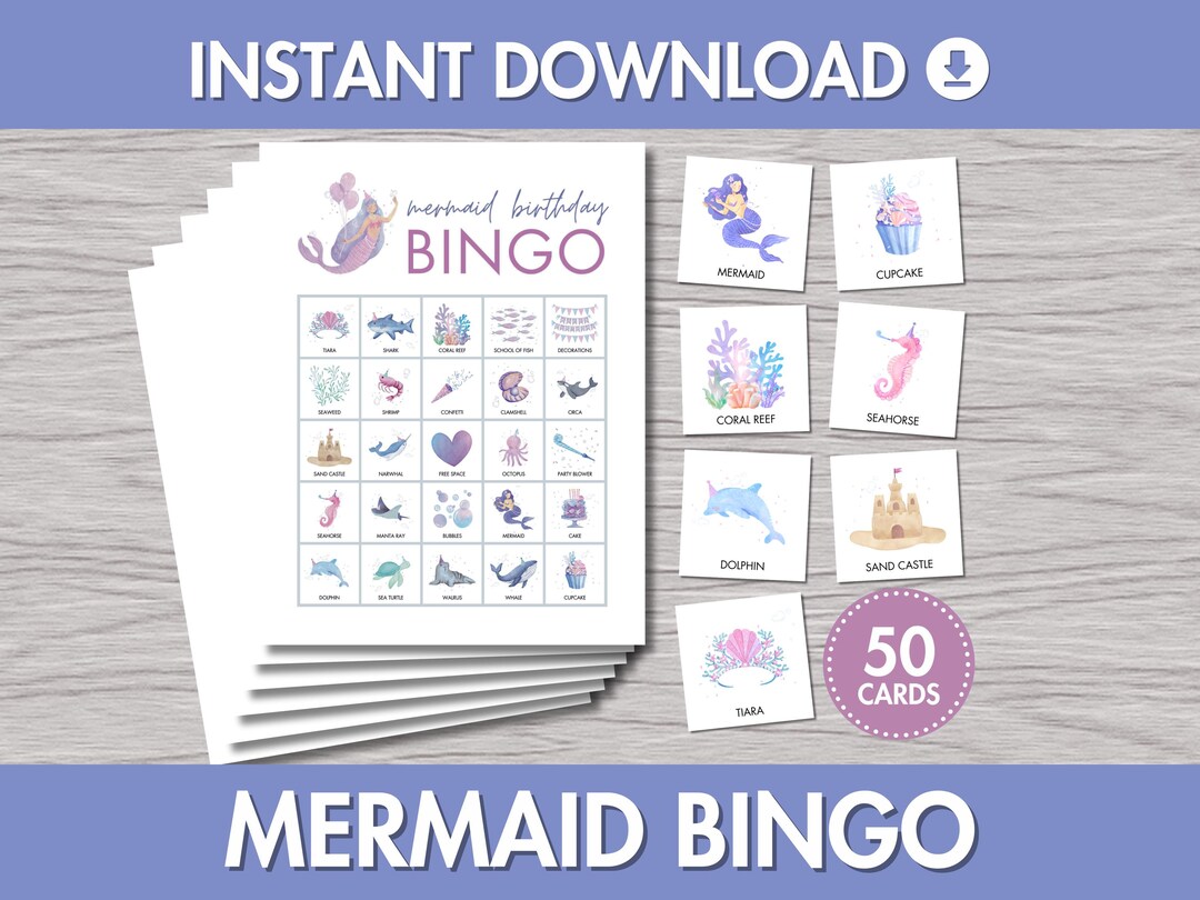 Printable Mermaid BINGO | Printable Kids Party Game, Cute Mermaid ...