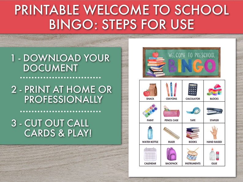 Imprimible Bienvenidos al preescolar Bingo / Juego con temática escolar ...