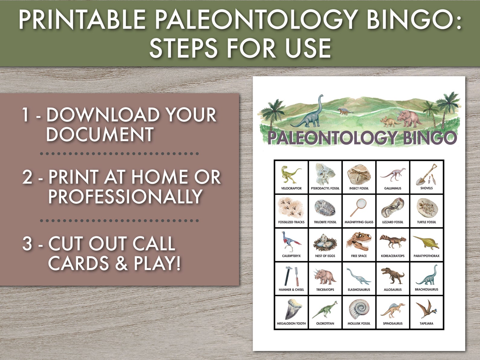 Printable Paleontology Bingo | Kids Party Game: Dinosaurs, Fossils ...