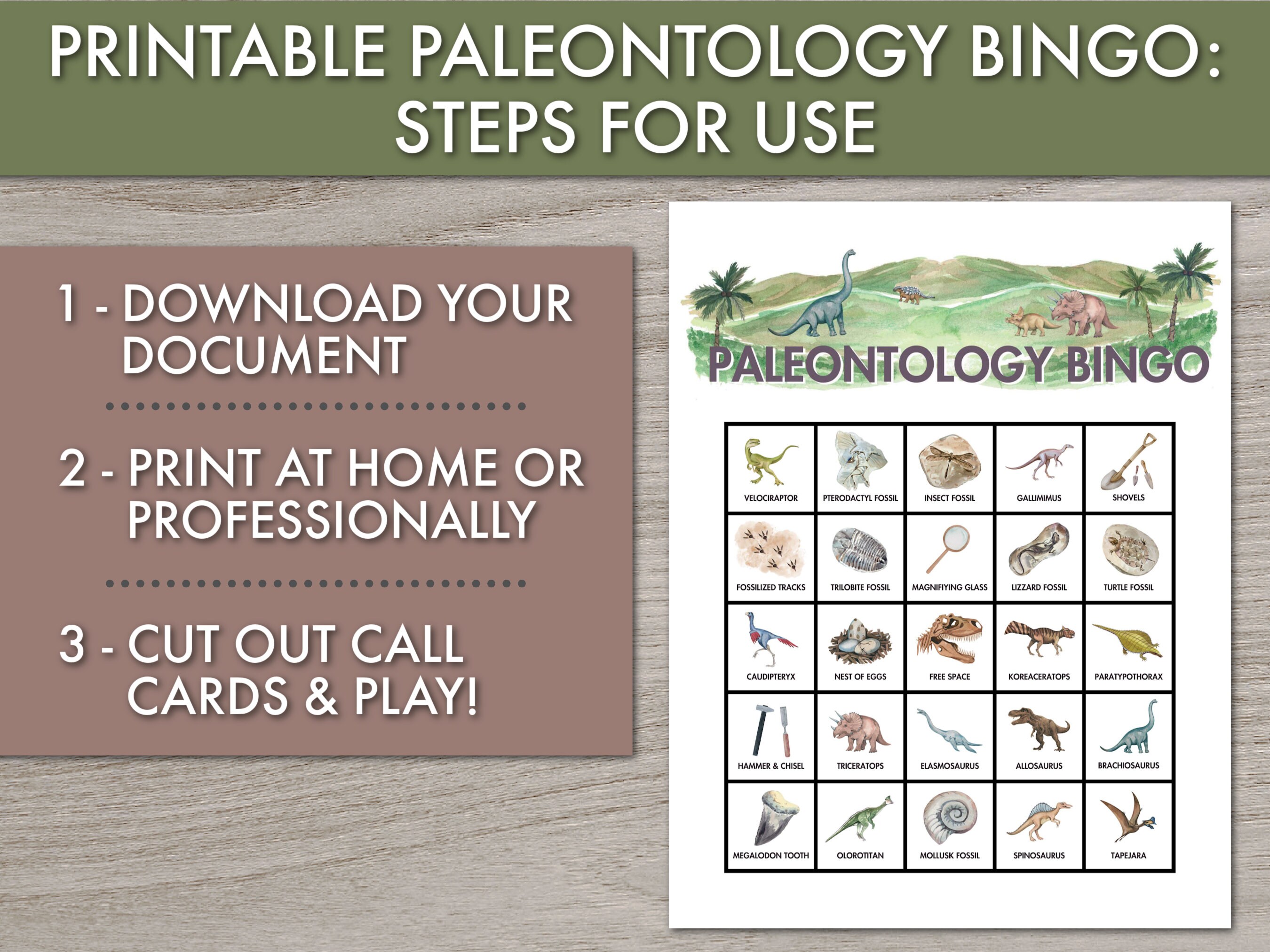 Printable Paleontology Bingo | Kids Party Game: Dinosaurs, Fossils ...